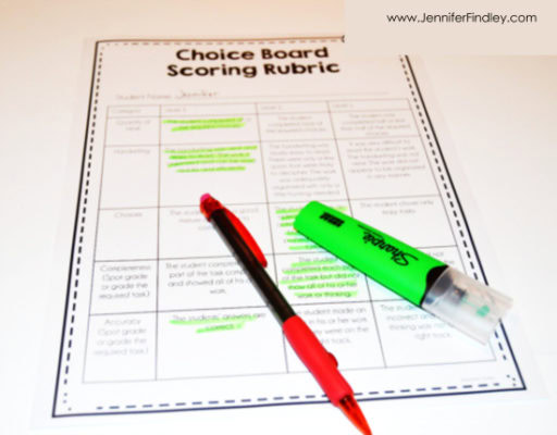 Choice Board Scoring Resources {Freebies} - Teaching with Jennifer Findley